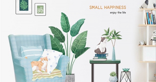 Decal Treo Tường Sofa Chậu Cây Xanh Và Mèo | Newshop.vn